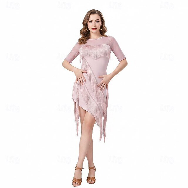 Women's Black Latin Dance Dress - Professional Mesh Sleeve Ballroom ...