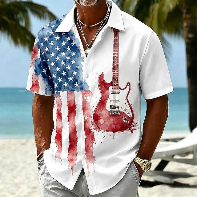 Men's 250th Anniversary Patriotic Guitar American Flag Button Down ...