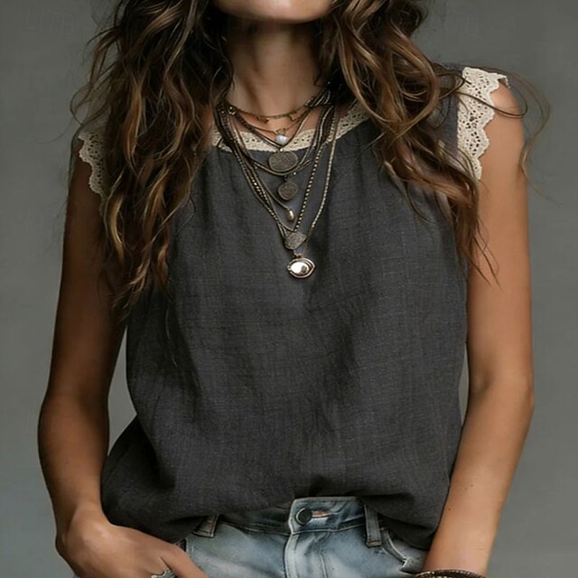Women's Lace Shirt Tank Top Tee Top Patchwork Elegant Fashion Casual ...