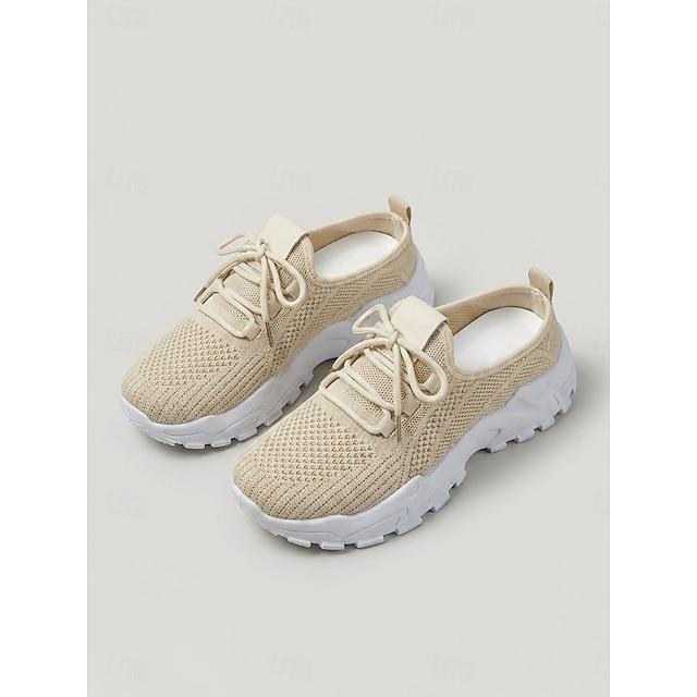 Women's Beige Knit Sport Mules - Comfortable Breathable Strappy Design ...