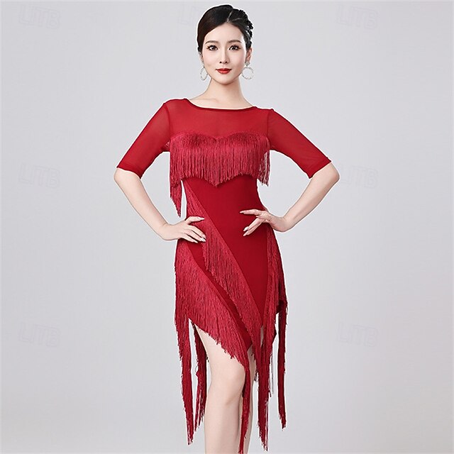 Women's Black Latin Dance Dress - Professional Mesh Sleeve Ballroom ...