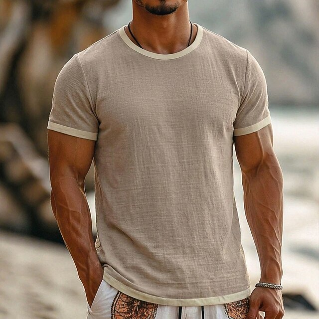 Herren T-Shirt Leinen-T-Shirt Kurze Ärmel Rundhalsausschnitt Sommer ...