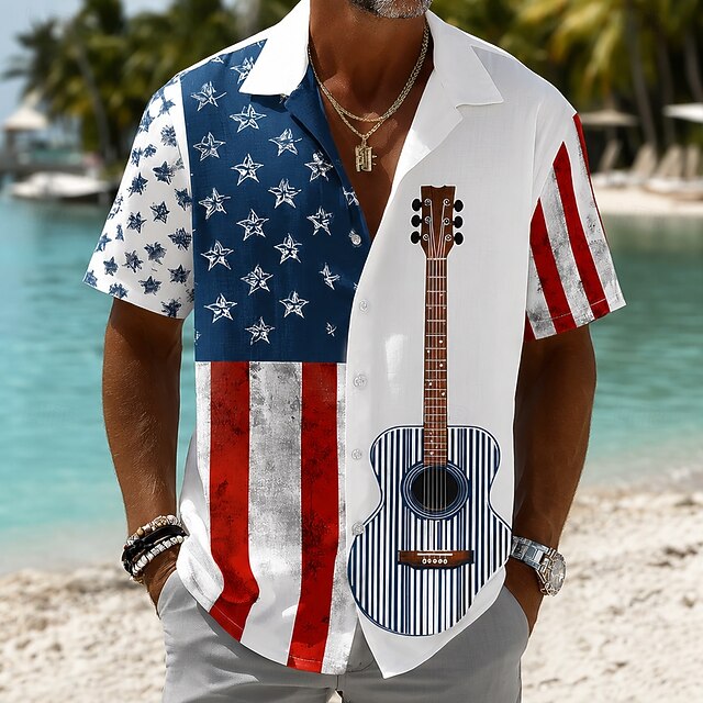 Men's 250th Anniversary Patriotic Guitar American Flag Hawaiian Shirt ...
