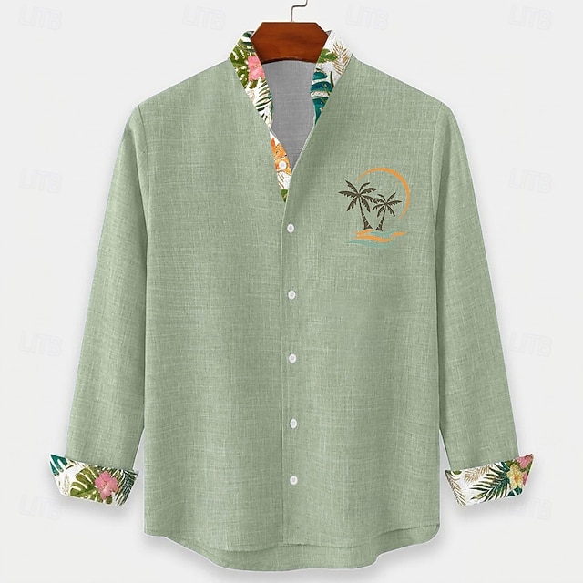 Men Shirt Linen Shirt Summer Shirt Beach Shirt Band Collar Shirt Button ...