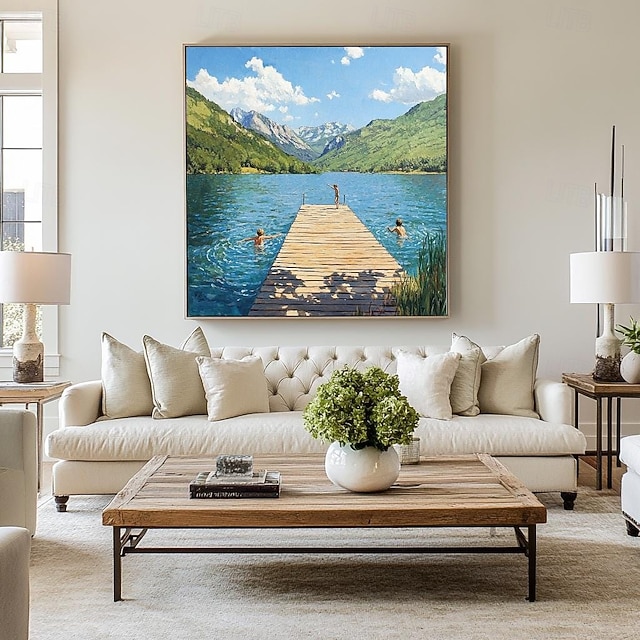 Hand Painted Lake Oil Painting, Children Swimming, Mountain Landscape ...