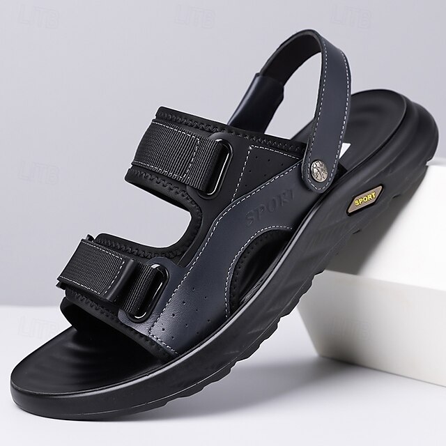 Men's Black Sport Sandals – Adjustable Hook-and-Loop Comfort Sandals ...