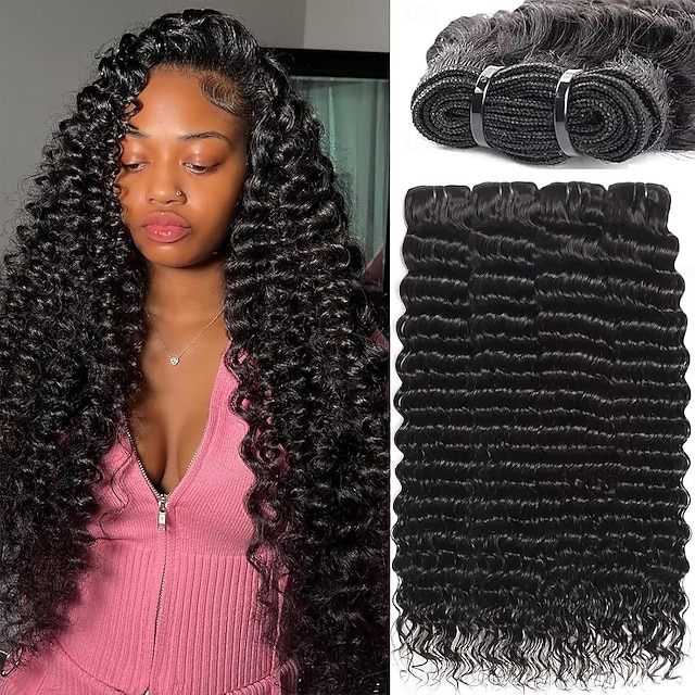 4 Bundles Hair Weaves Brazilian Hair Curly Deep Wave Human Hair ...