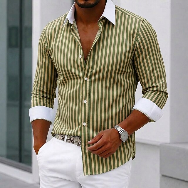 Men's Shirt Dress Shirt Button Down Shirt Striped Casual Daily Black ...