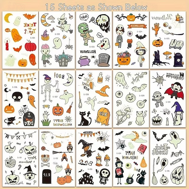 15 Sheets Glow in the Dark Halloween Temporary Tattoos, Luminous Face ...