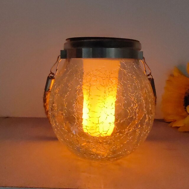 Solar Outdoor Lantern, IP65 Waterproof Crackle Glass LED Flame ...