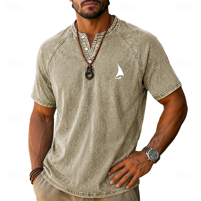 Men's Henley Shirt Short Sleeve Plain Ship Retro Vintage Casual Vintage ...