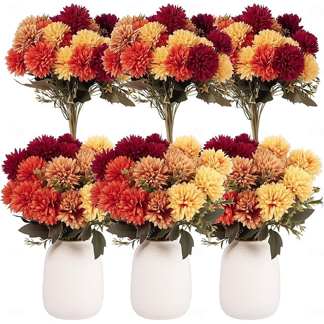12 Bundles Fall Artificial Flowers Decoration Faux Silk Mums UV ...