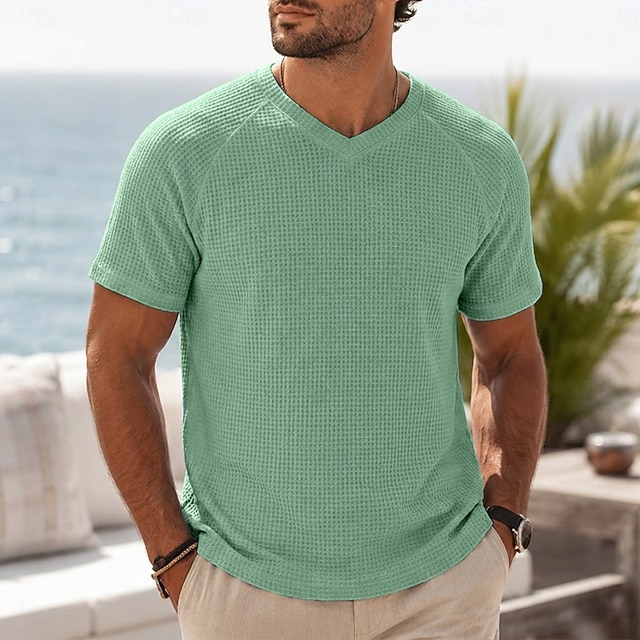 Men's Waffle T-shirt Tee Top Short Sleeve V Neck Summer Solid Color ...