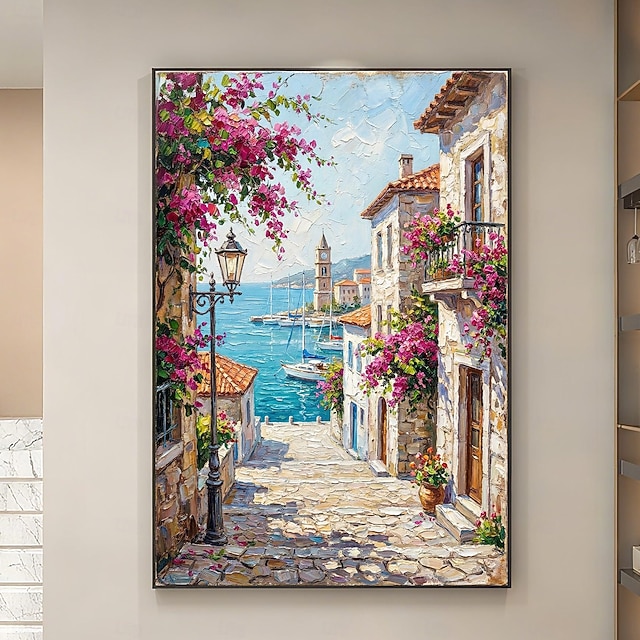 Mediterranean Alley Oil Painting, Original Coastal Village Landscape ...