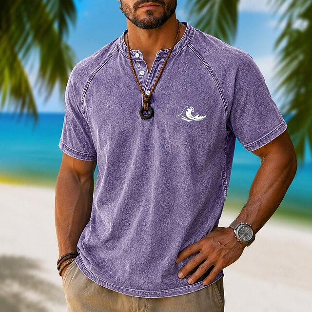 Men's Henley Shirt Short Sleeve Plain Spray Retro Vintage Casual ...