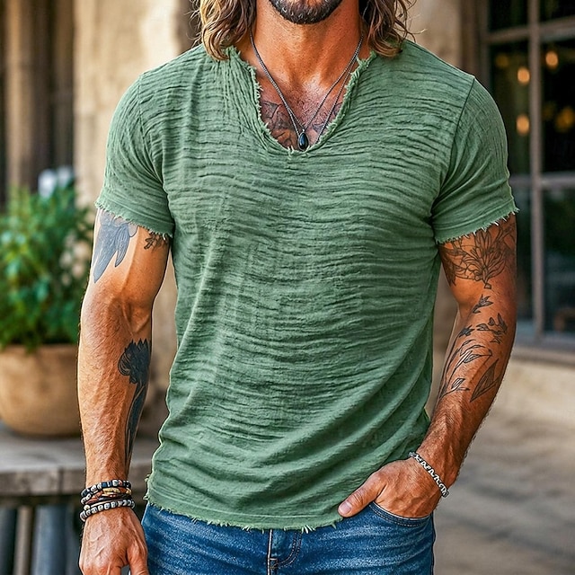 Men's T Shirt Linen T-Shirt Short Sleeve V Neck Summer Spring All ...