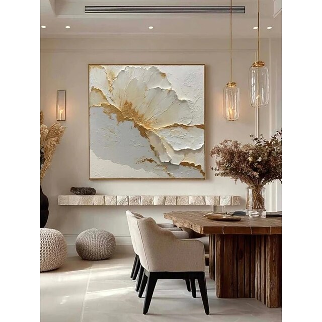 Beige Golden Abstract Texture Hand Painted Flowers Oil Painting ...