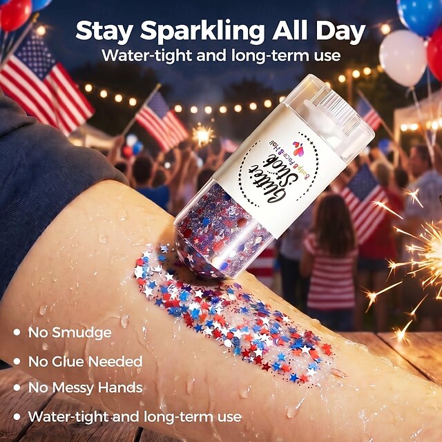 4th of July Patriotic Body Glitter Stick, 1/2Pcs Red White Blue Face ...