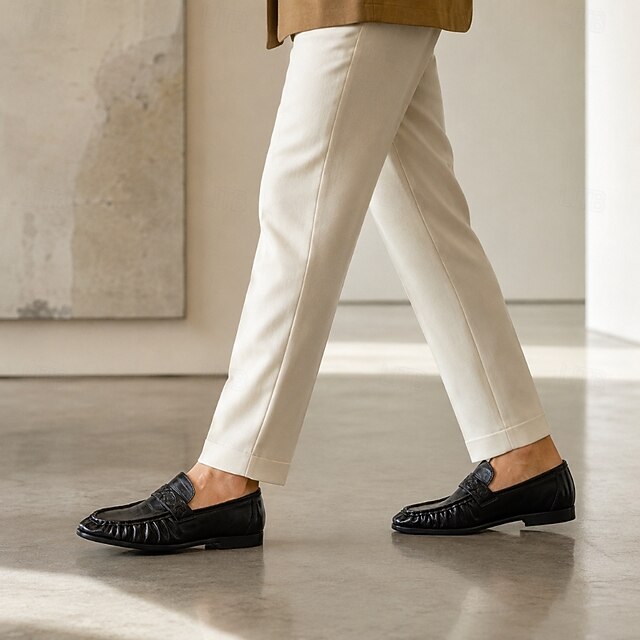 Men's Old Money Leather Loafers, Black Classic Penny Slip-On Dress ...