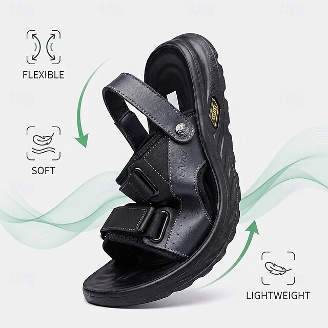 Men's Black Sport Sandals – Adjustable Hook-and-Loop Comfort Sandals ...