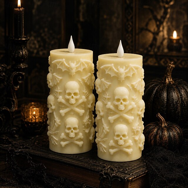 2026 Halloween 2 Pcs Gothic Skull LED Candles, Flameless Flickering ...