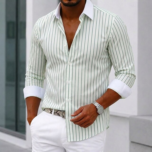 Men's Shirt Dress Shirt Button Down Shirt Striped Casual Daily Black ...