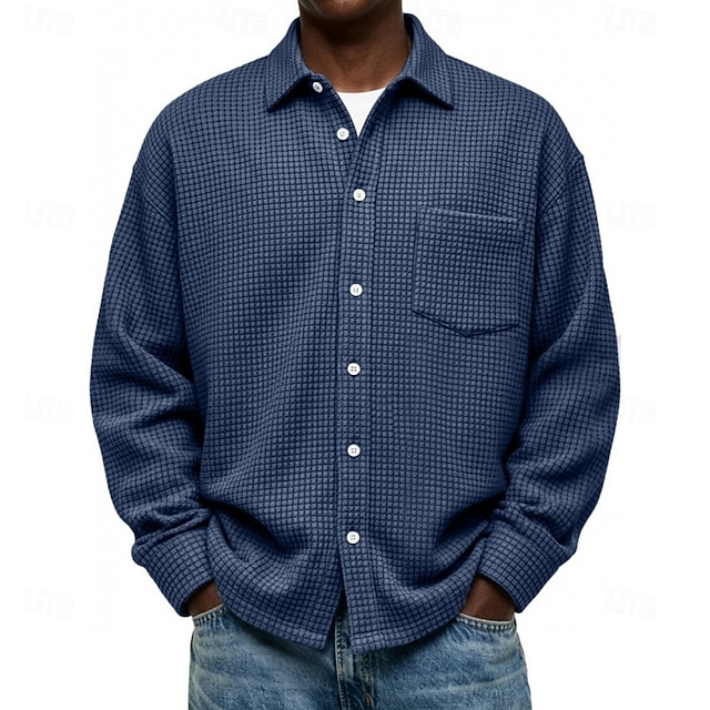 Men's Shirt Waffle Shirt Casual Shirt Button Up Shirt Blue White Black ...