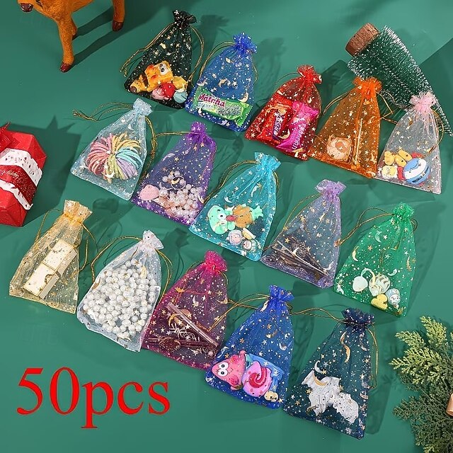 50 PCS Halloween Moon and Star Organza Gift Bags, Multicolor Drawstring ...