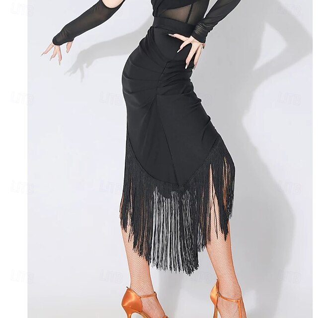 Latin Dance Skirts Tassel Pure Color Splicing Women's Training ...