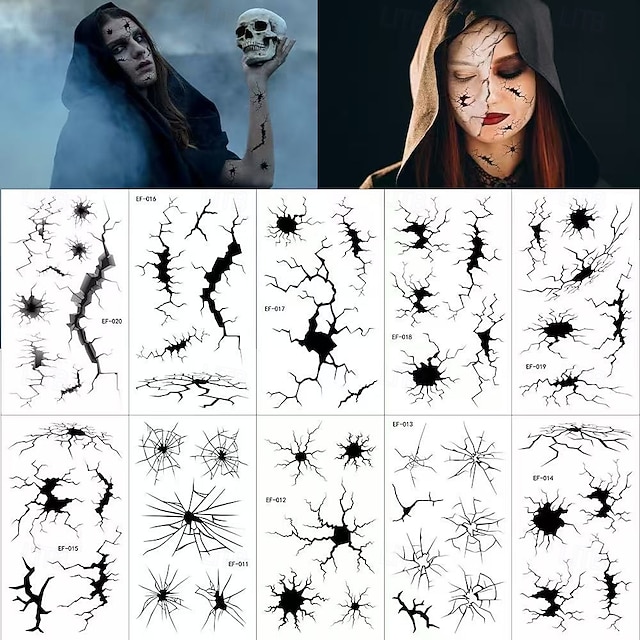 10 Sheets Halloween Temporary Tattoos, Black Crack Face Vein Spider Web ...