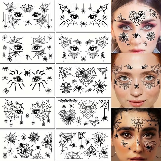 10 Sheets Halloween Spider Temporary Tattoos, Black Spider Web Face ...