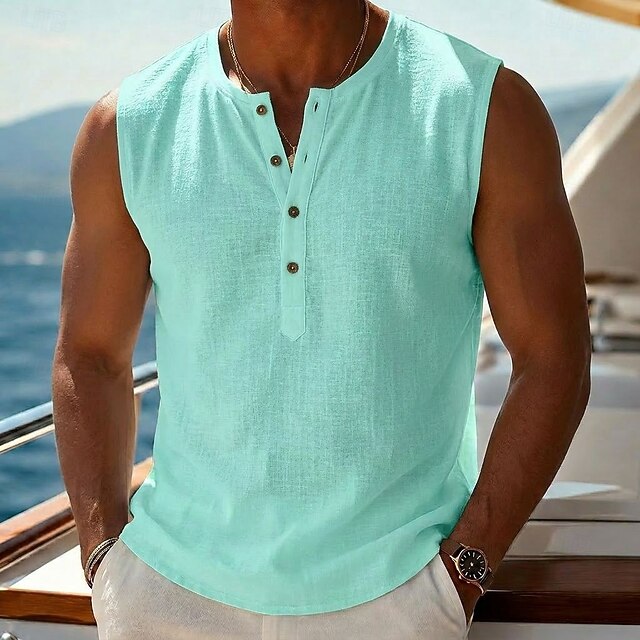 Men's Cotton T Shirt Sleeveless Shirt Sleeveless V Neck Henley Summer ...