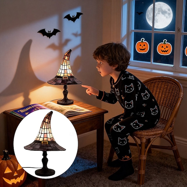 Halloween Witch Hat LED Night Light, USB Powered Resin Table Lamp ...