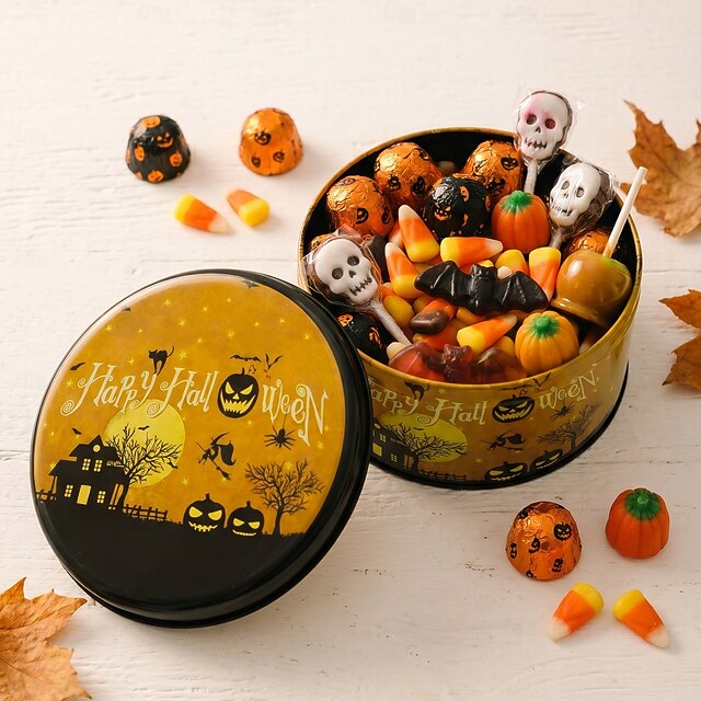 Halloween Round Tin Box, Decorative Metal Storage Container for Candy ...