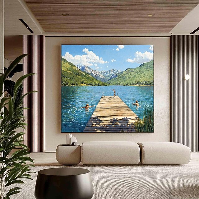 Hand Painted Lake Oil Painting, Children Swimming, Mountain Landscape ...