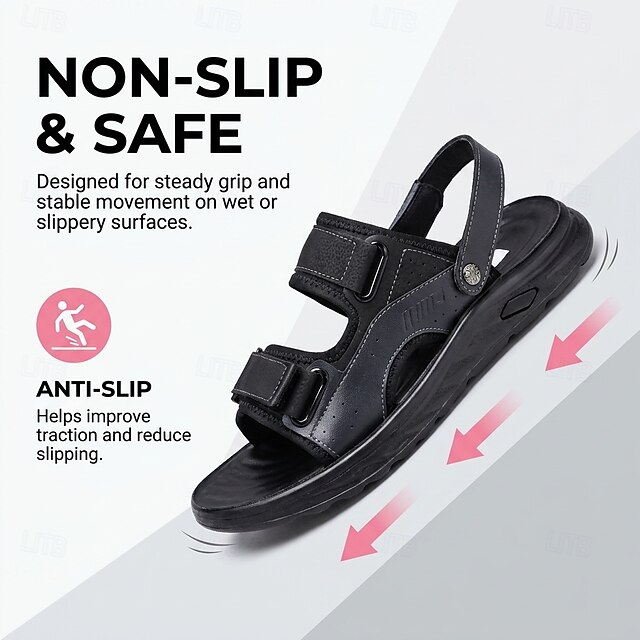Men's Black Sport Sandals – Adjustable Hook-and-Loop Comfort Sandals ...