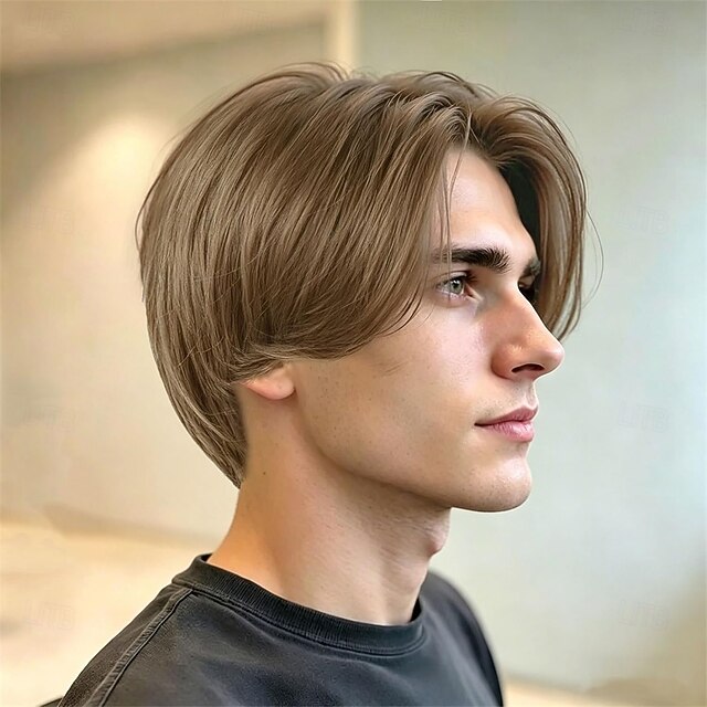 Mens Brown Wig Short Straight Men Wig Middle Part Heat Resistant ...