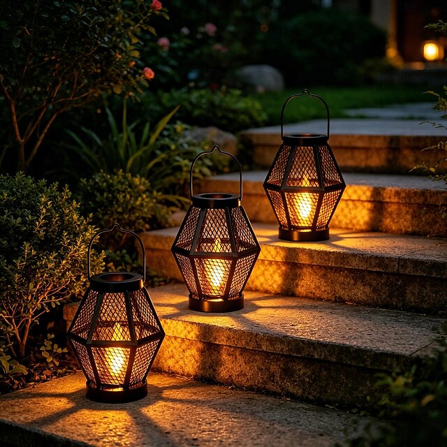 Solar Lantern Outdoor Lights, Retro Metal Mesh Hanging Lantern with LED ...