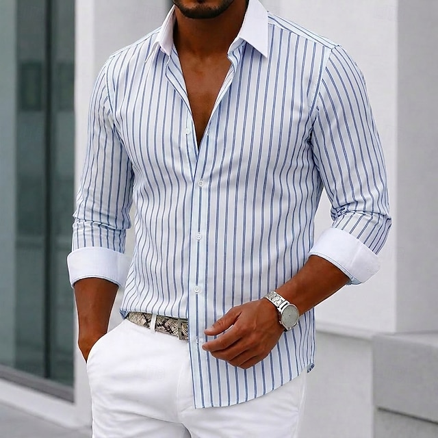 Men's Shirt Dress Shirt Button Down Shirt Striped Casual Daily Black ...