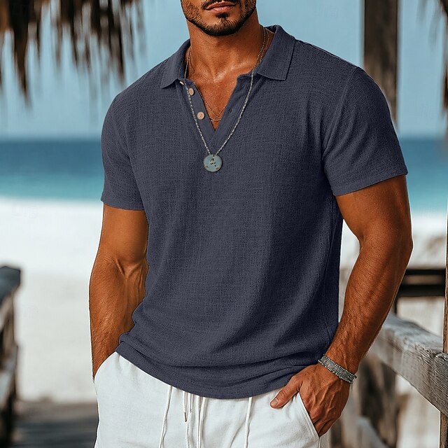 Men's Linen Shirt Polo Shirts Casual Vacation Classic Short Sleeve ...