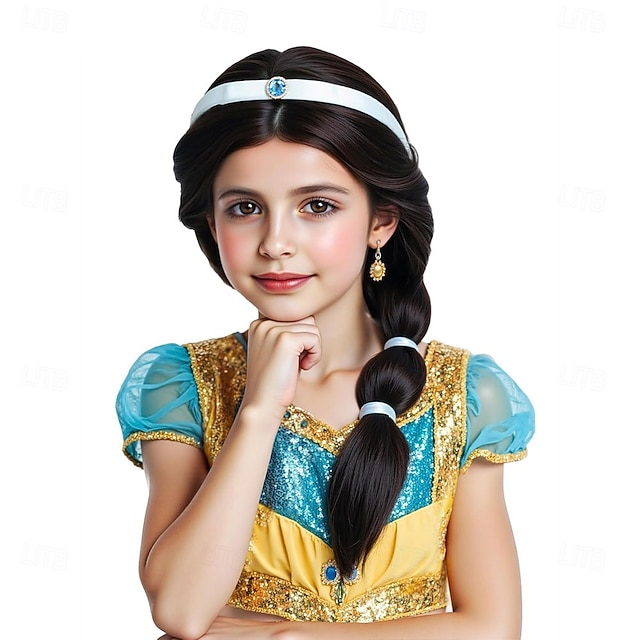 Girls Long Ponytail Wigs Kids Black Braided Wig with Blue Beadband for ...