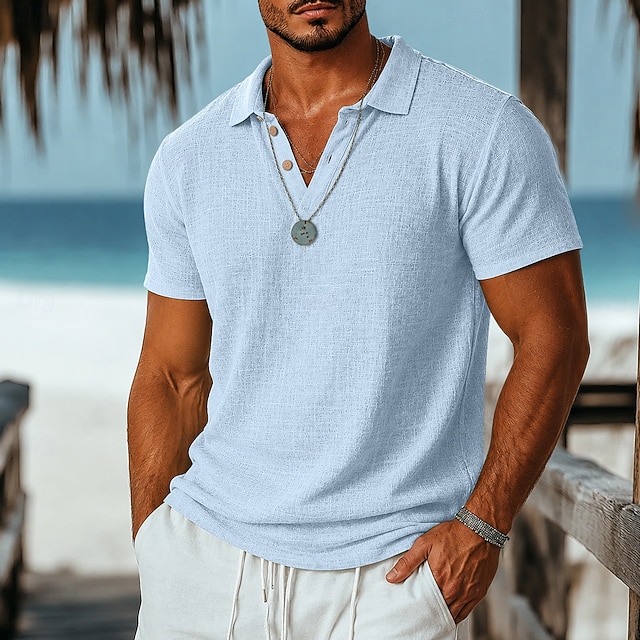 Men's Linen Shirt Polo Shirts Casual Vacation Classic Short Sleeve ...