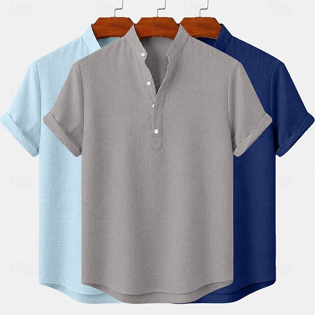 Men Shirt Linen Shirt Popover Shirt Summer Shirt Beach Wear Band Collar ...