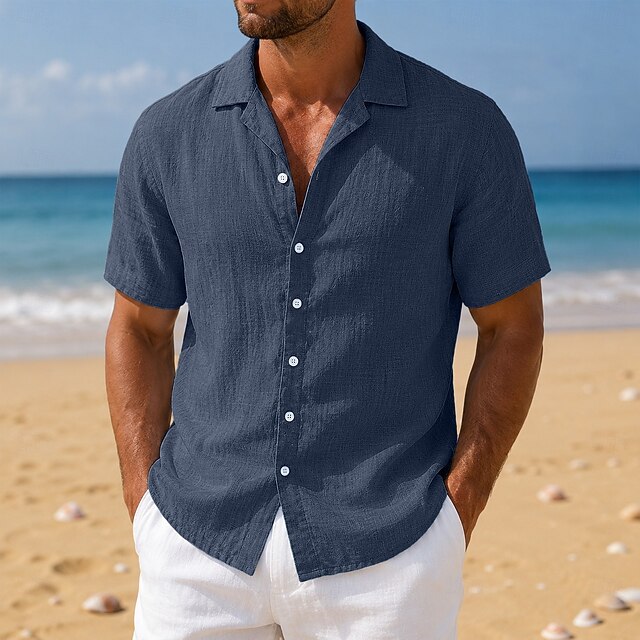 Men Shirt Linen Shirt Summer Shirt Beach Wear Cuban Collar Shirt Button ...