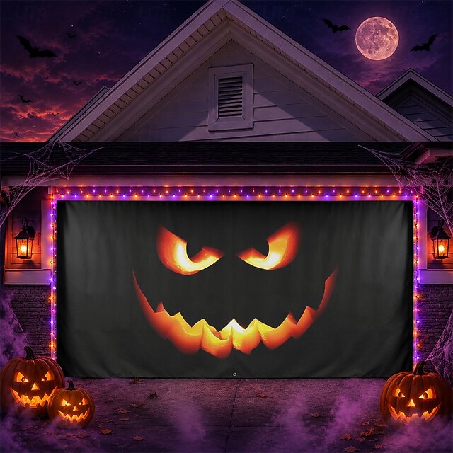 Halloween Garage Door Cover With String Lights, Black Pumpkin Scary ...