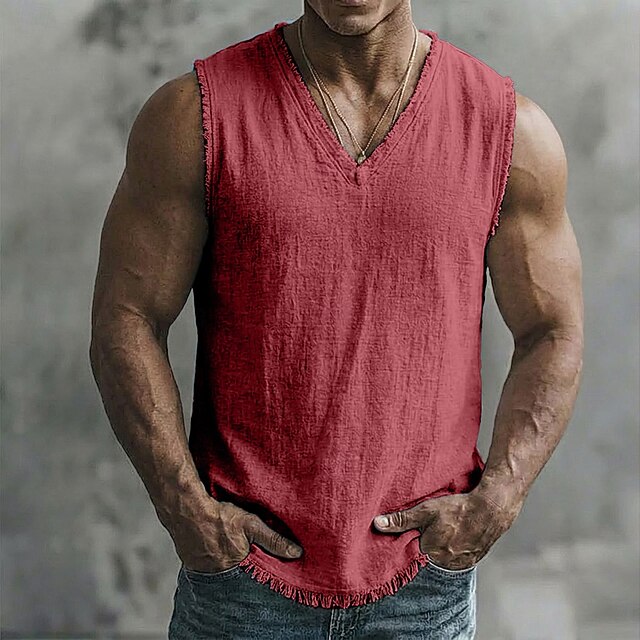 Men's Linen Tank Top Sleeveless Shirt Sleeveless V Neck Summer Plain ...