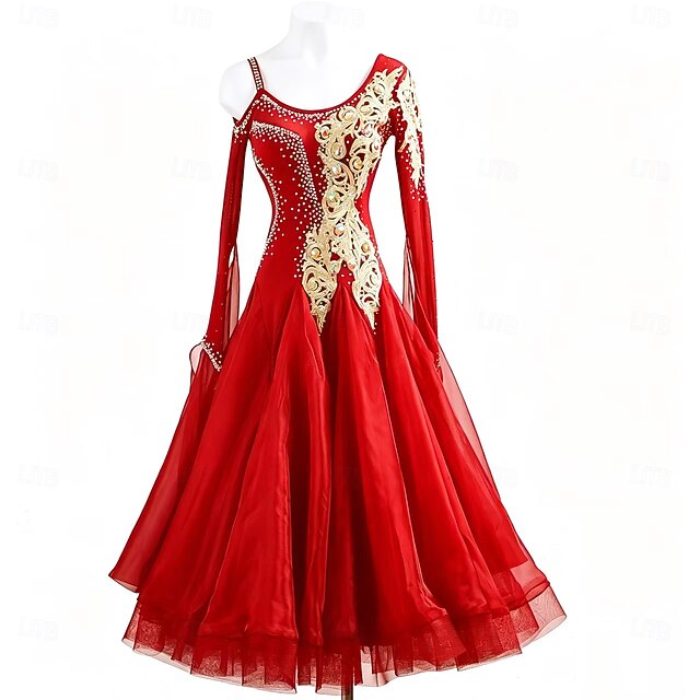 Red Gold Embroidered Rhinestone Ballroom Dance Competition Dress 2026 ...