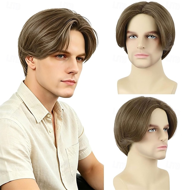 Mens Wig Short Straight Boy Wigs Ash Brown Middle Part Heat Resistant ...
