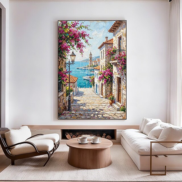 Mediterranean Alley Oil Painting, Original Coastal Village Landscape ...