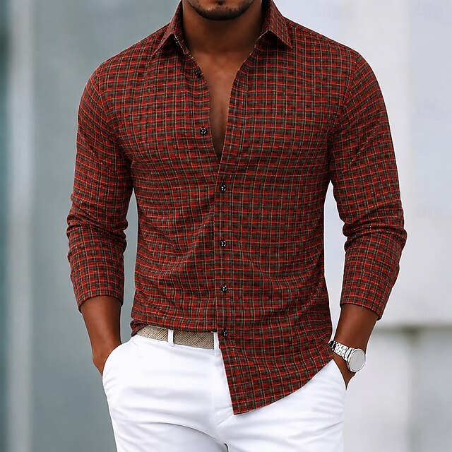 Men's Shirt Dress Shirt Button Up Shirt Plaid Casual Daily Light Yellow ...